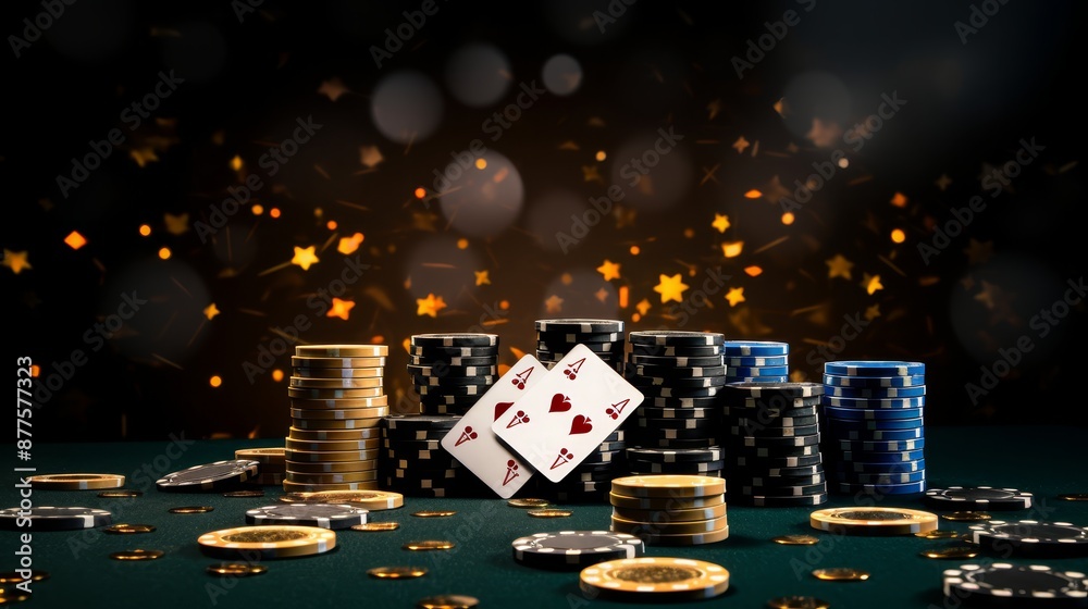 Poker Game Setup with Golden and Blue Chips and Playing Cards - A close ...