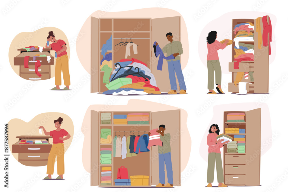 People Organizing And Sorting Clothes In Wardrobes And Drawers ...
