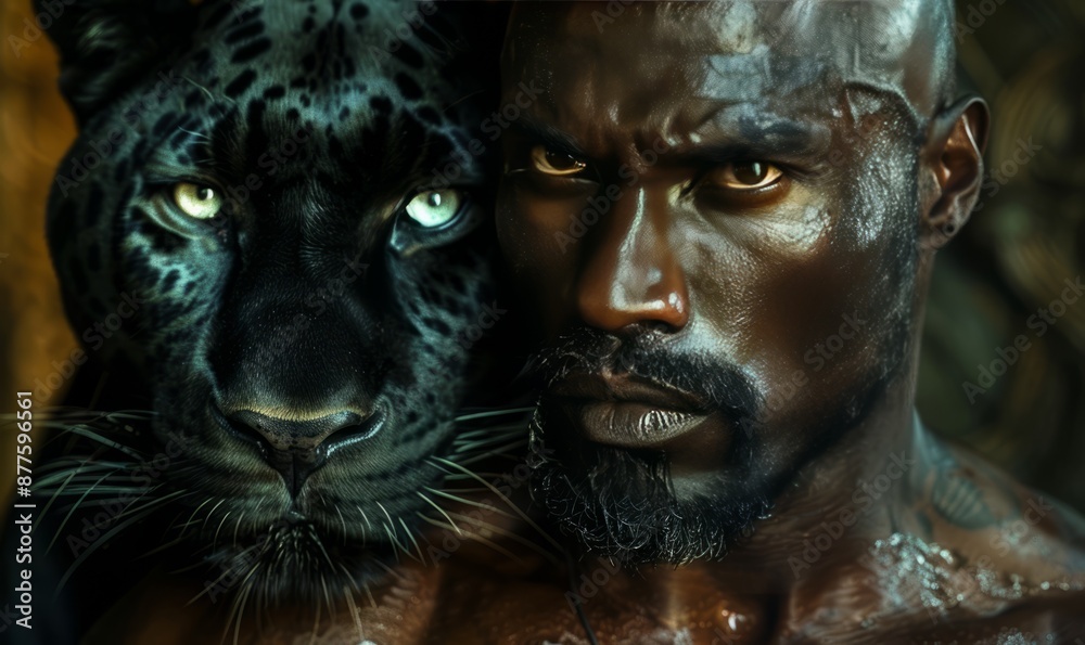 dark black, handsome, athletic, rugged, man with a panther. He has a ...