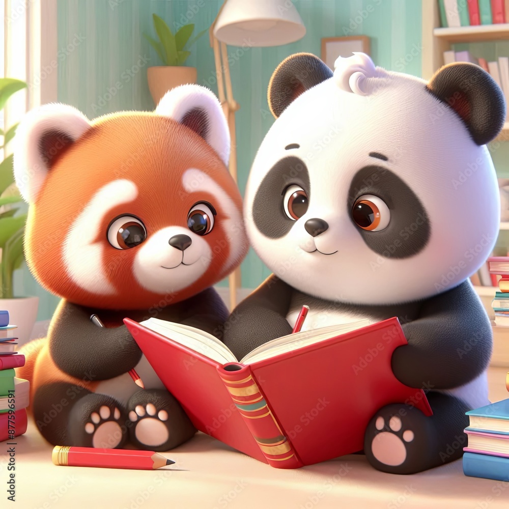 Cute Panda and Red Panda Reading Book 3D Generative AI Stock Illustration | Adobe Stock