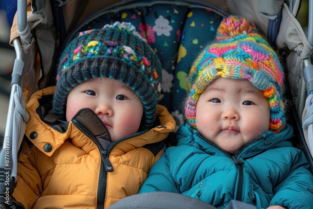 Asian twin babies wearing cozy outfits and knitted hats sit in a ...
