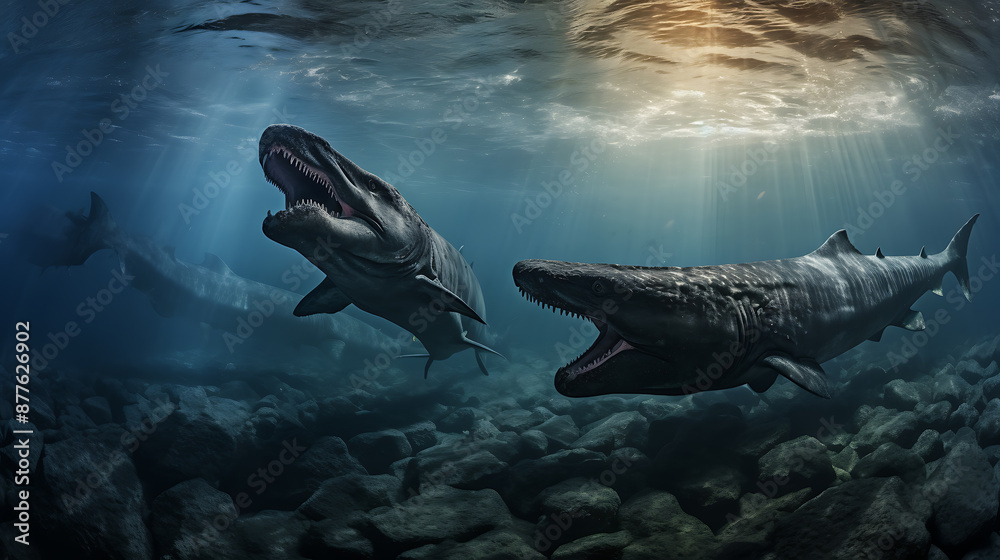 Two prehistoric sharks with open jaws in a dark blue ocean with rocky ...