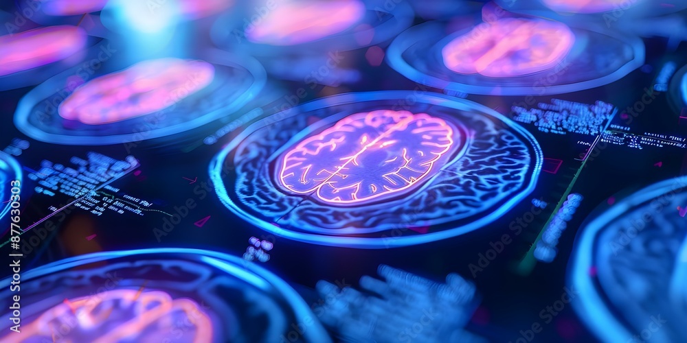 Neon blue medical imaging technology displays series of brain MRI scans ...
