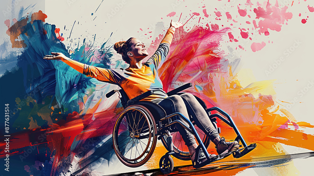 Silhouette of a disabled woman in a wheelchair practicing sports ...