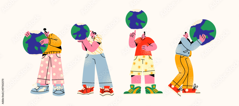 Cartoon characters with planet Earth. Mascot people protect the planet ...