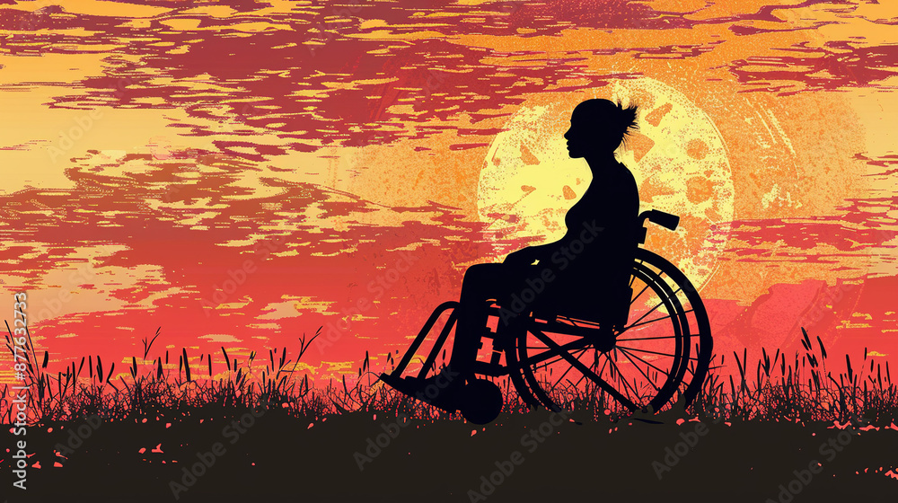 Silhouette of a disabled woman in a wheelchair practicing sports ...