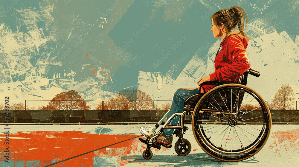 Silhouette of a disabled woman in a wheelchair practicing sports ...