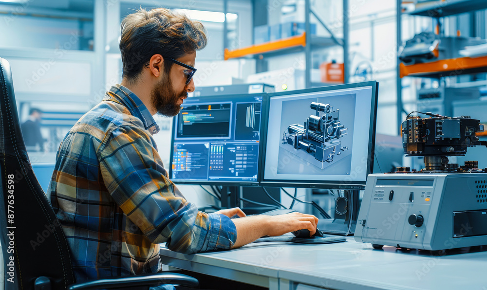 Engineer Working on Computer Designing Mechanical Component with CAD Software in Modern Office ...