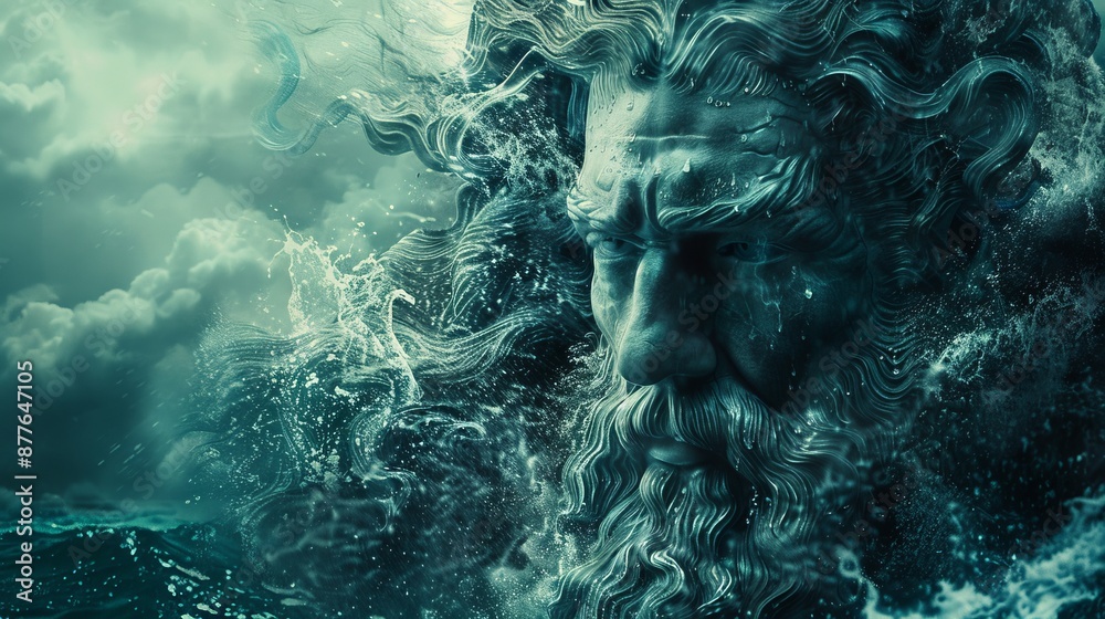 A giant face of an ancient sea god with flowing hair emerges from the ...