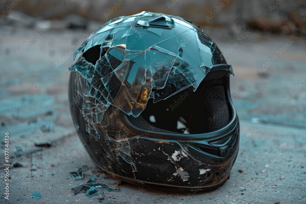 Shattered motorcycle helmet is lying on the pavement after a crash ...