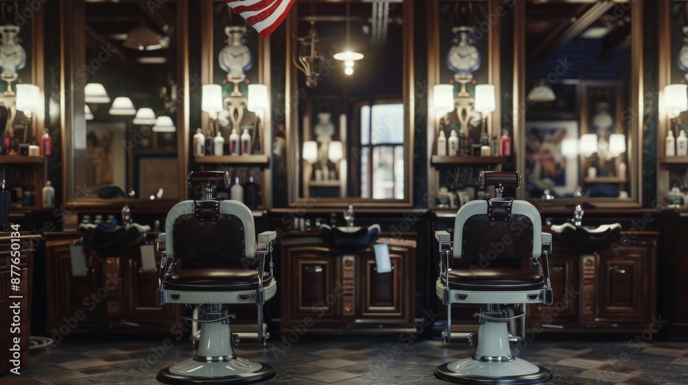 Two barber chairs sit empty in a classic barber shop with dark wood ...