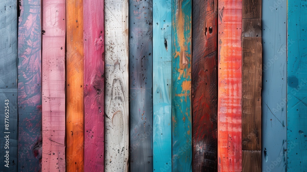 This image features an array of colorful and well-worn wooden planks ...
