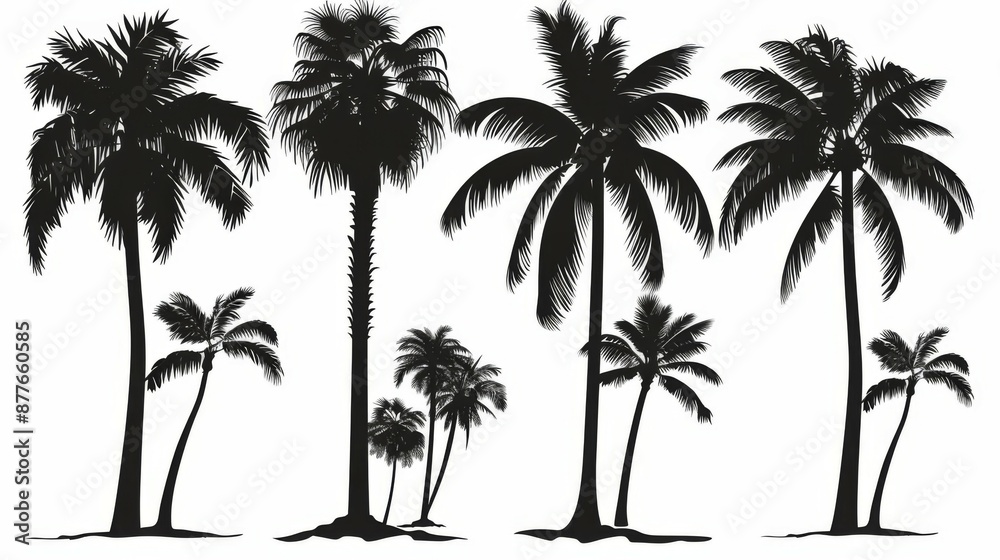 Artwork with various palm trees in black silhouette, arranged orderly ...