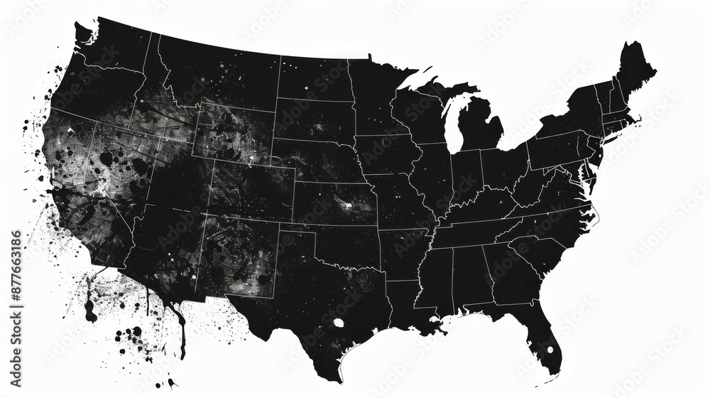 Abstract black and white map of the United States, featuring monochrome ...