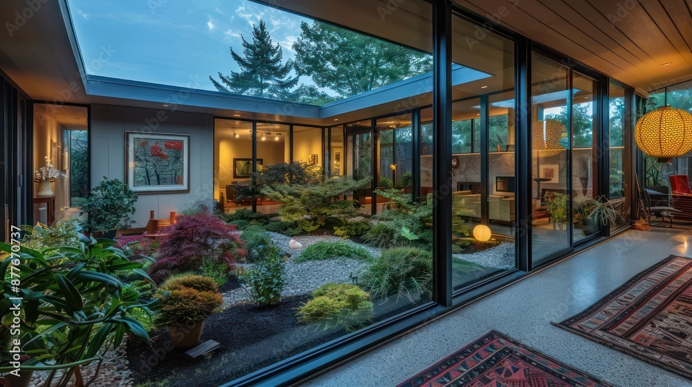 Mid-century modern suburban home with a landscaped atrium visible ...