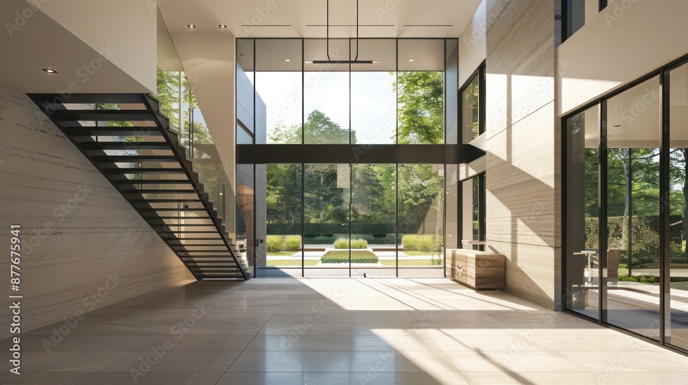 Suburban contemporary home with a dramatic entryway featuring a ...