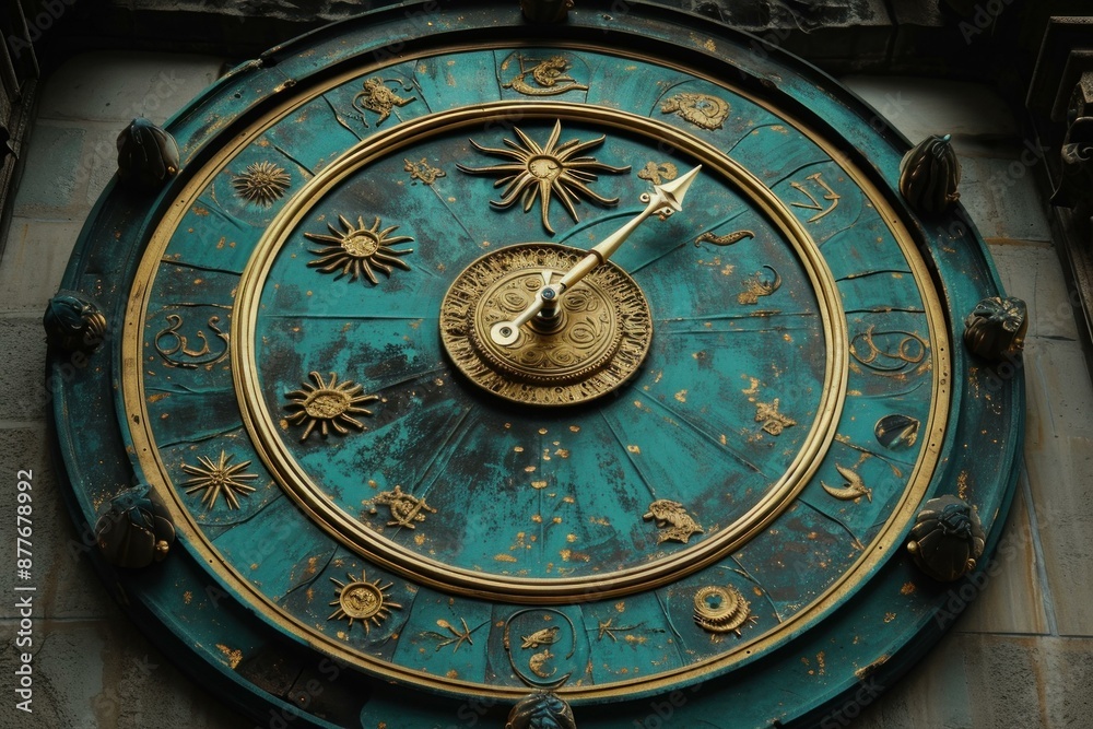 Vintage ancient astronomical clock face with intricate zodiac signs and ...
