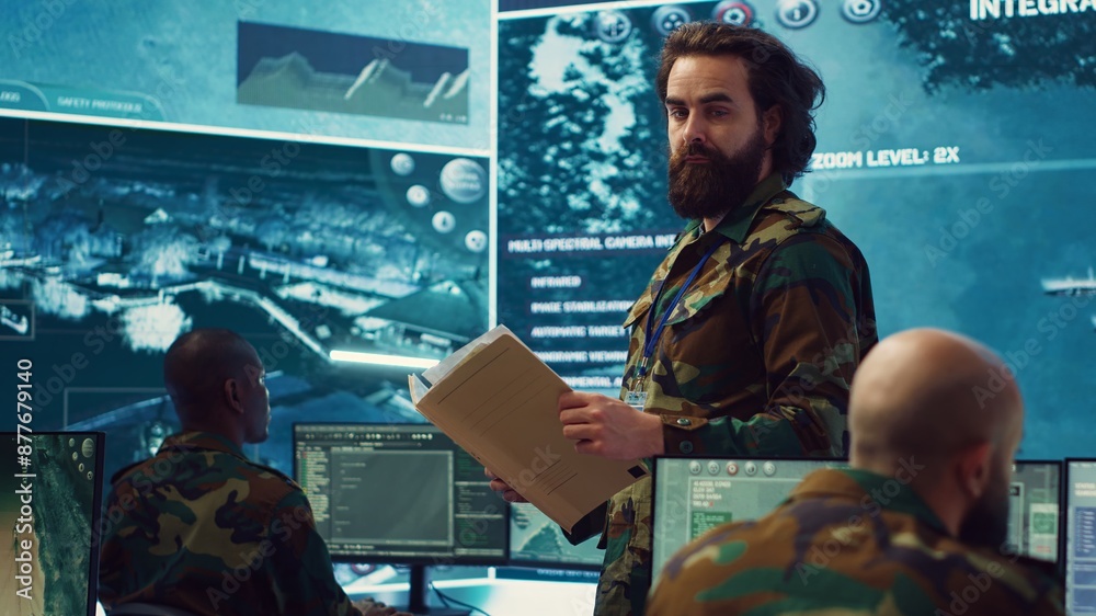Army major reads operation details from a case file in a control center ...