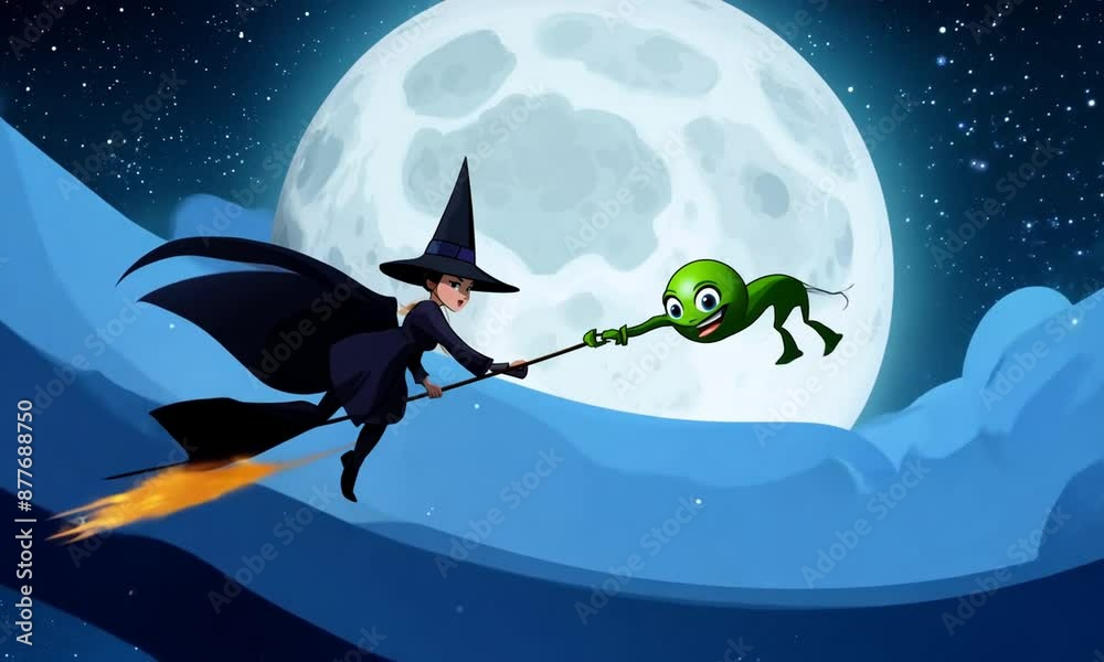 The witch flies through the night sky with a broom. She is chasing a ...