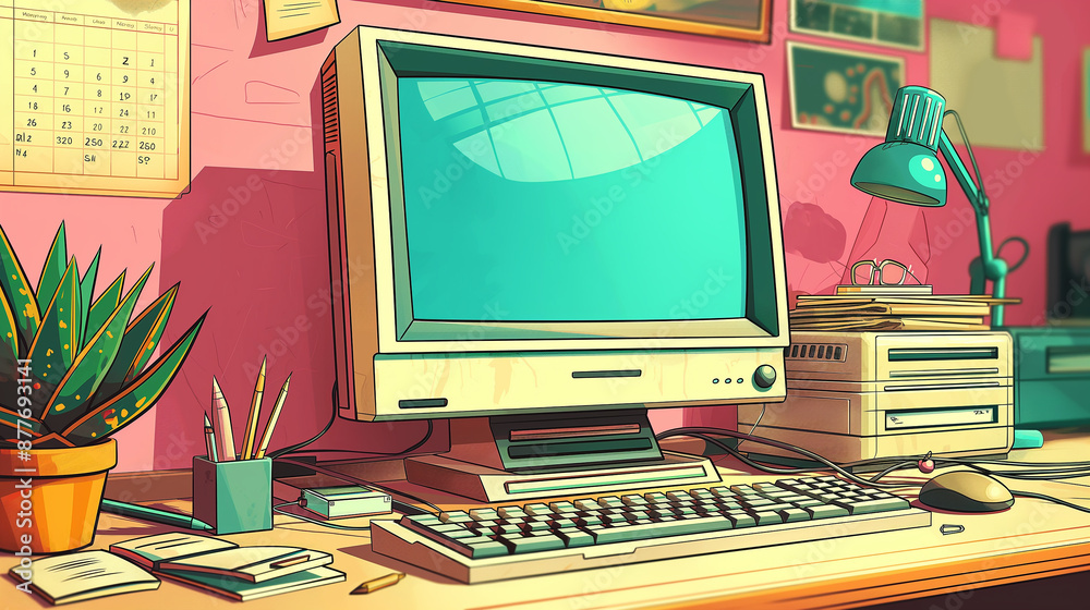 Old personal computer sitting on desk with turquoise screen displaying ...