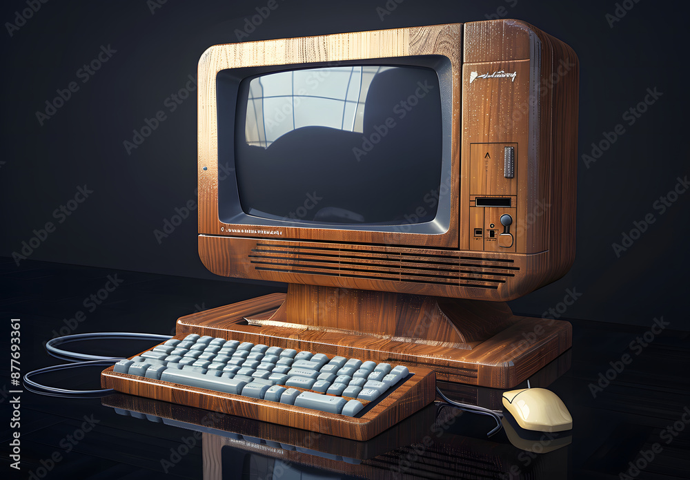 Vintage personal computer on desktop, close up. Retro-style background ...