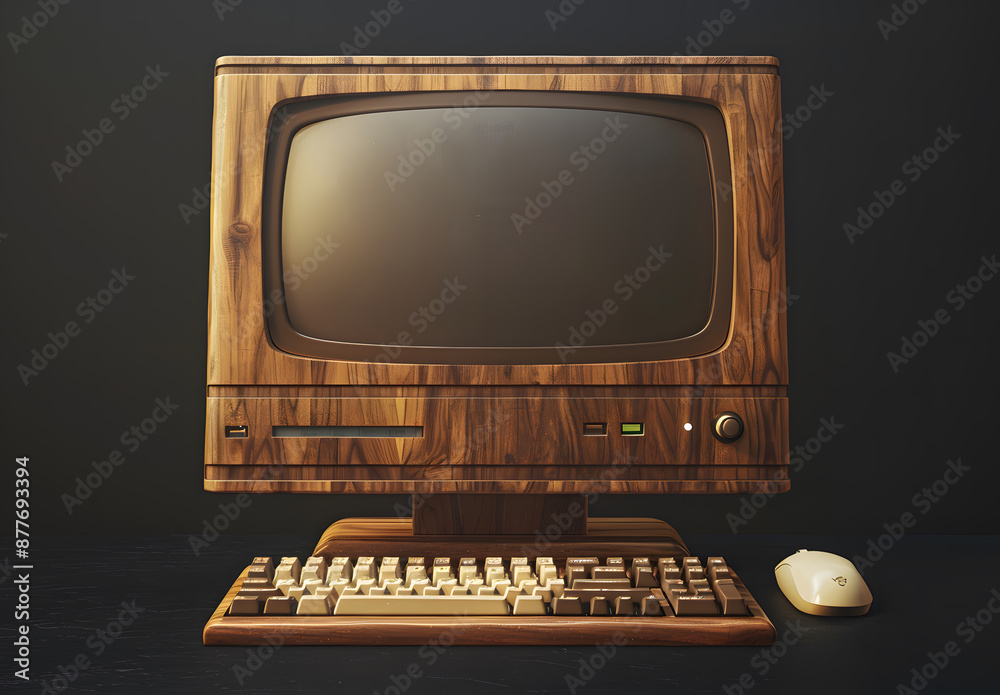 Vintage personal computer on desktop, close up. Retro-style background ...