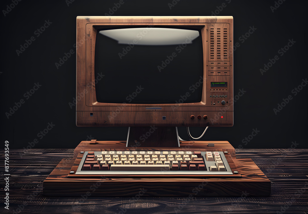 Vintage personal computer on desktop, close up. Retro-style background ...