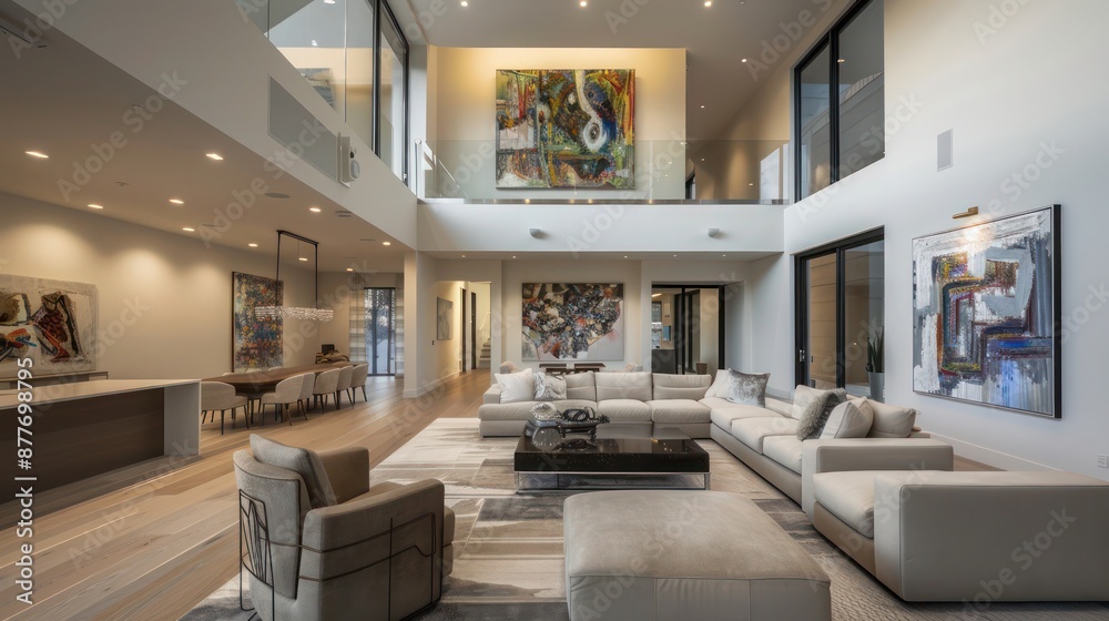 Contemporary suburban living room with a double-height ceiling and a ...
