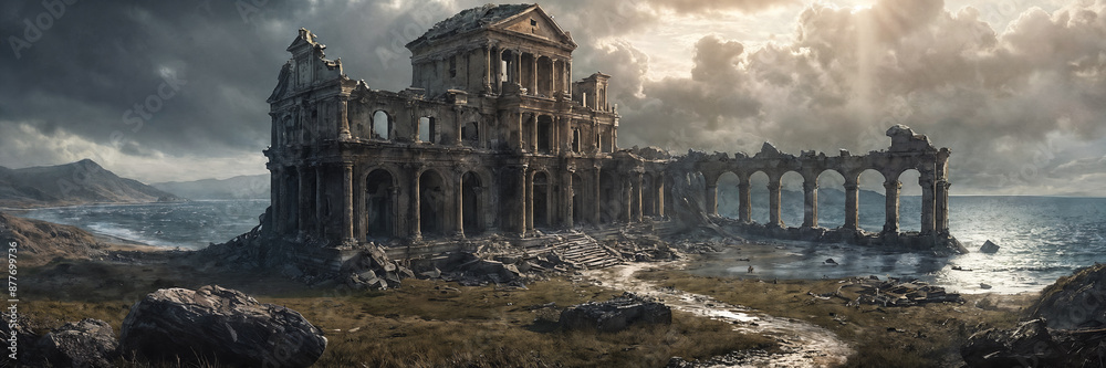 large, old, and dilapidated stone building with multiple levels, set ...