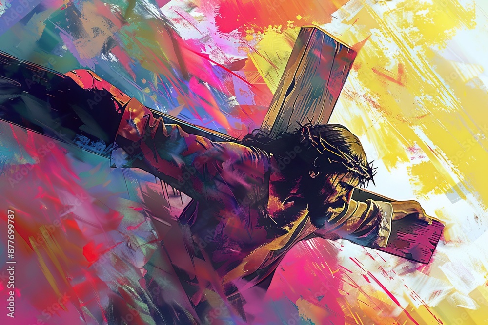 Jesus Christ carrying the cross - Illustration with bold colors and ...