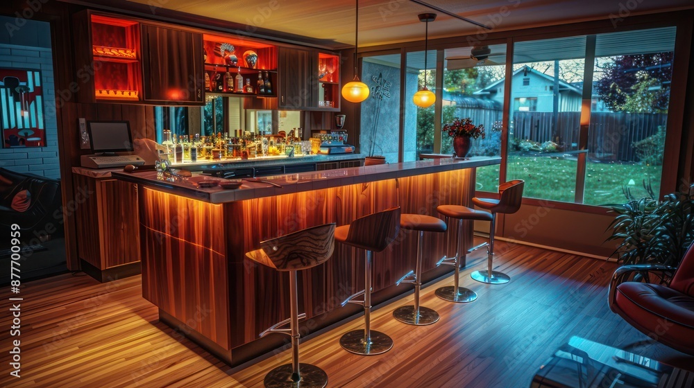Mid-century modern suburban home with a fully restored vintage bar ...