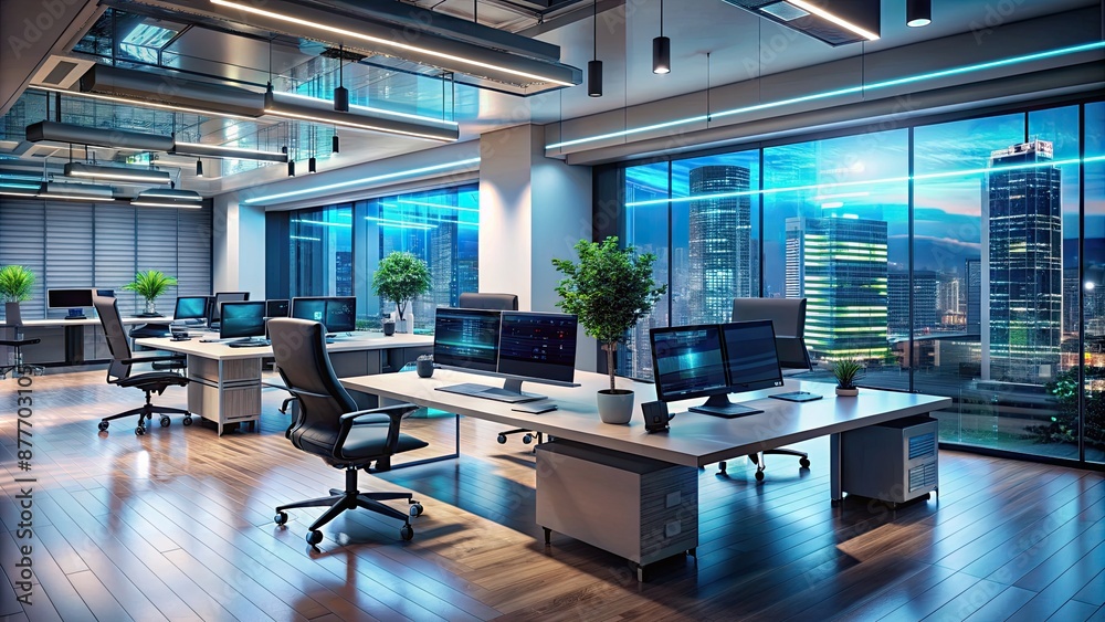 Modern office interior with futuristic computers, programming codes on screens, and sleek ...