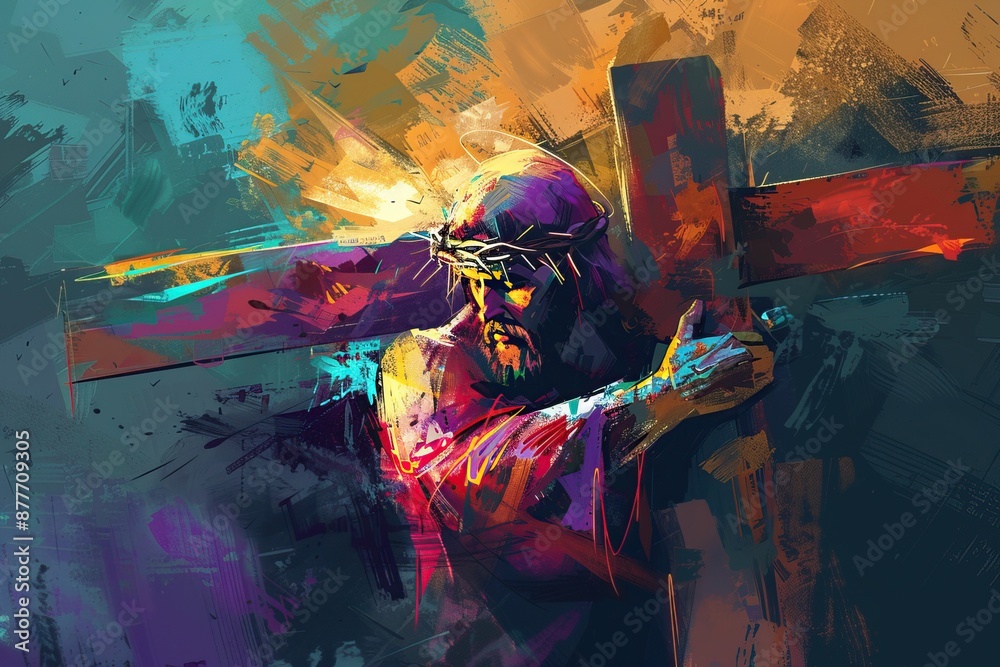 Jesus Christ carrying the cross - Illustration with bold colors and ...