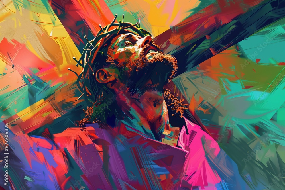 Jesus Christ carrying the cross - Illustration with bold colors and ...
