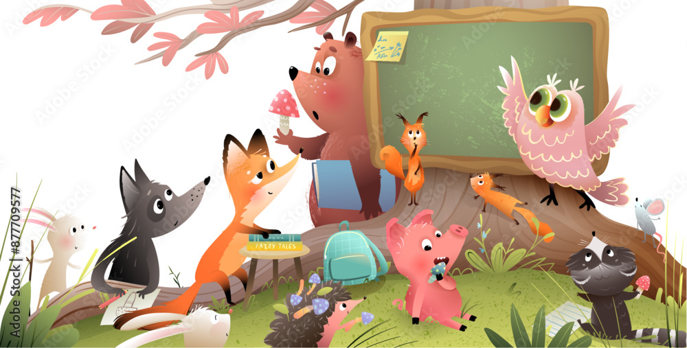 Animals school under big oak tree in the forest on grass lawn. Kids ...