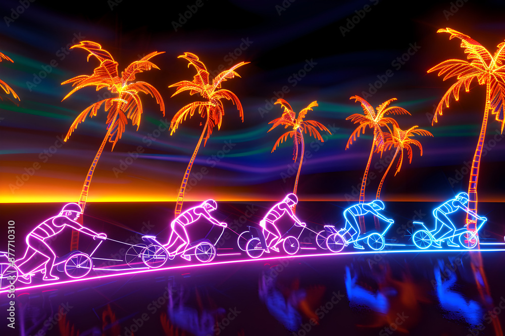 Neon wireframe of team crossing finish line in wheelbarrow race ...