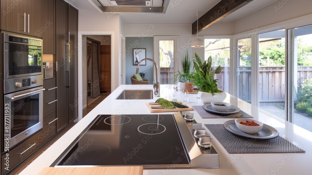 Mid-century modern suburban home with an energy-efficient, all-electric ...