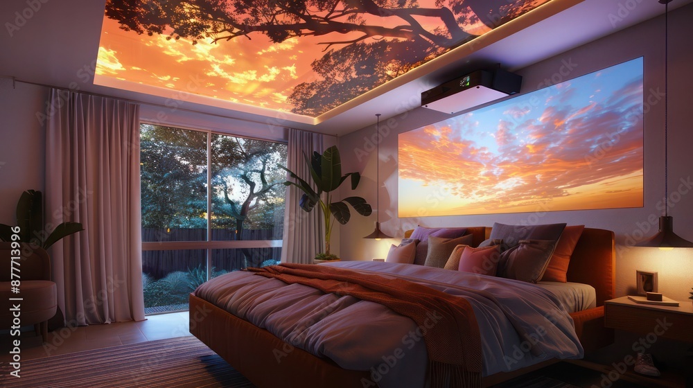 Mid-century modern suburban bedroom with ceiling-mounted projectors for ...