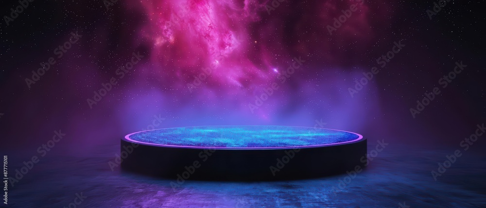 The ethereal podium, adorned with holographic patterns, appears to ...