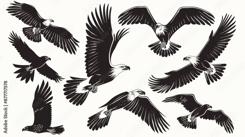 Several black and white illustrations of eagles in various flight poses ...