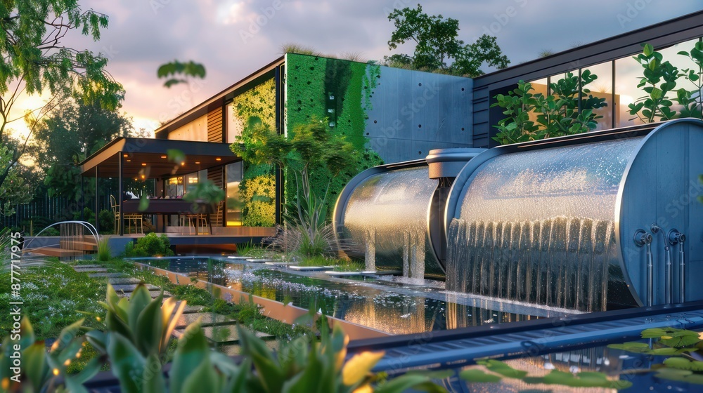 Suburban contemporary home with a smart rainwater harvesting system and ...