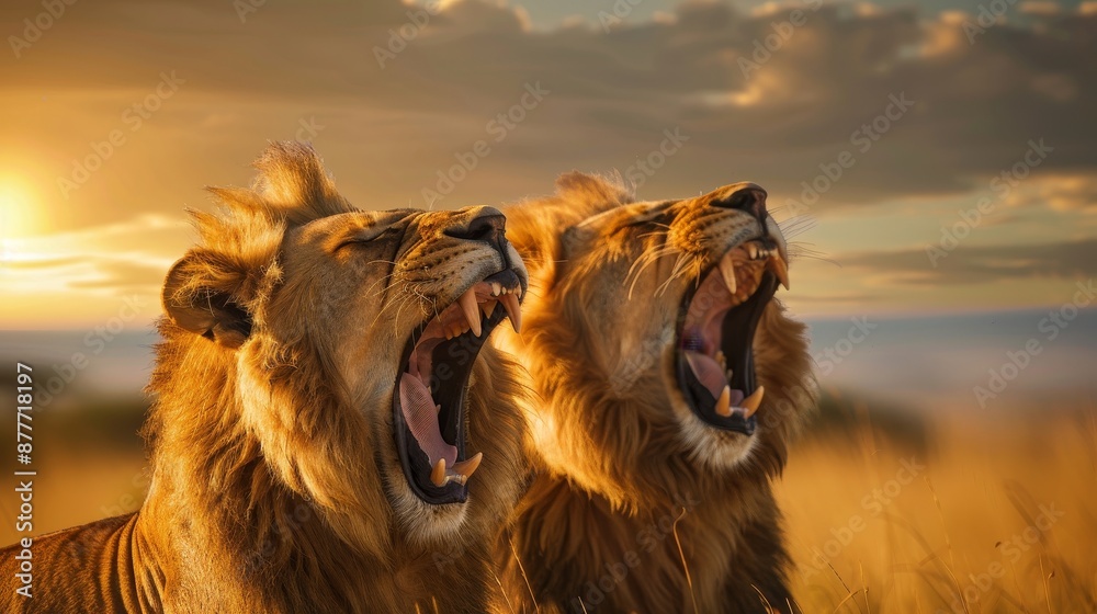Intense Roaring Lions in Golden Twilight on African Savanna AI ...