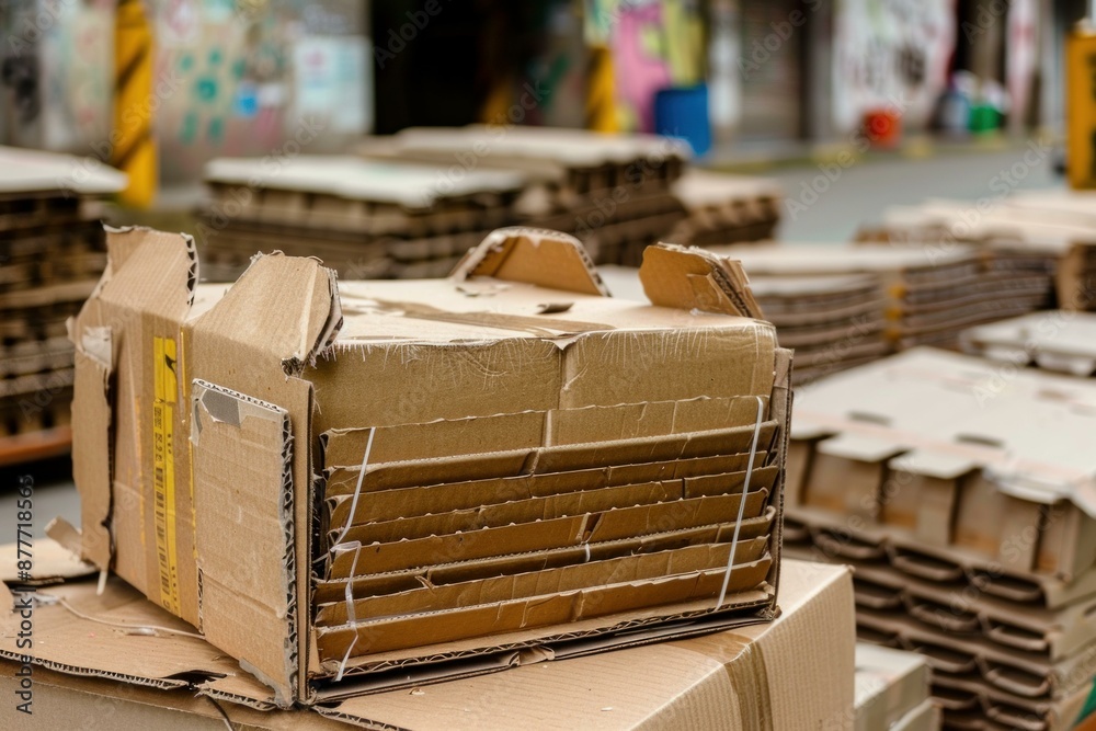 Stacked used and flattened cardboard boxes with plastic straps awaiting ...