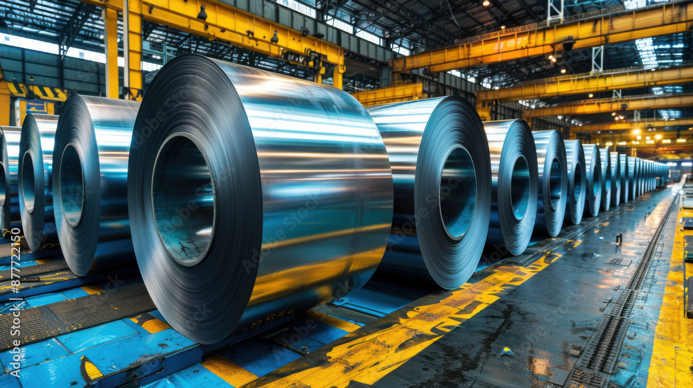 Long rows of large steel coils in an industrial factory setting ...