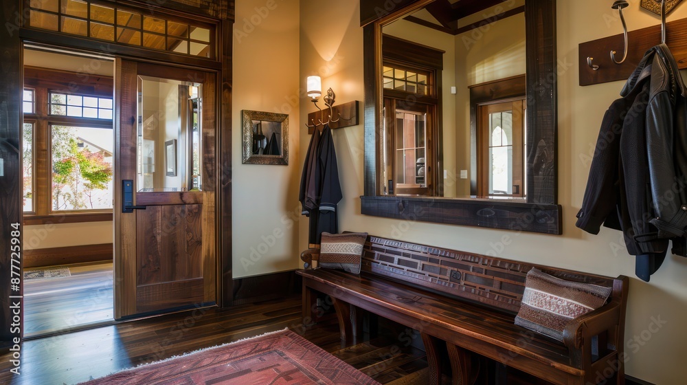 Craftsman-style entryway with a custom wooden bench, a row of hooks for ...
