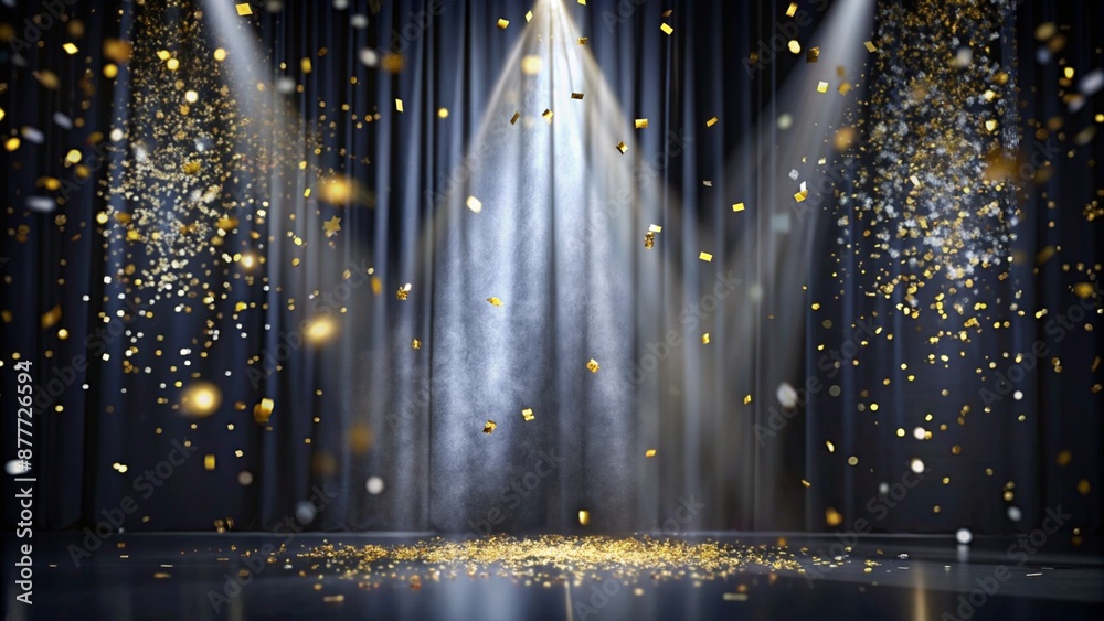 raining gold confetti in spotlight, border of isolated falling confetti ...