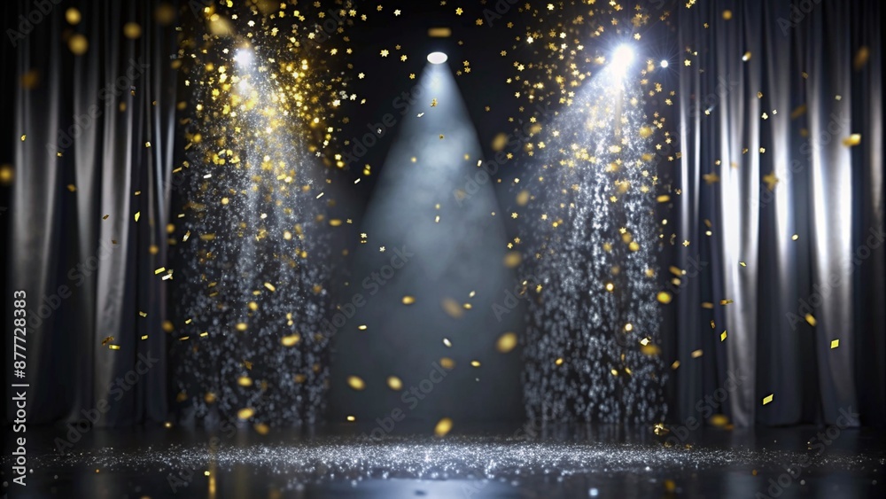 raining gold confetti in spotlight border of isolated falling confetti ...