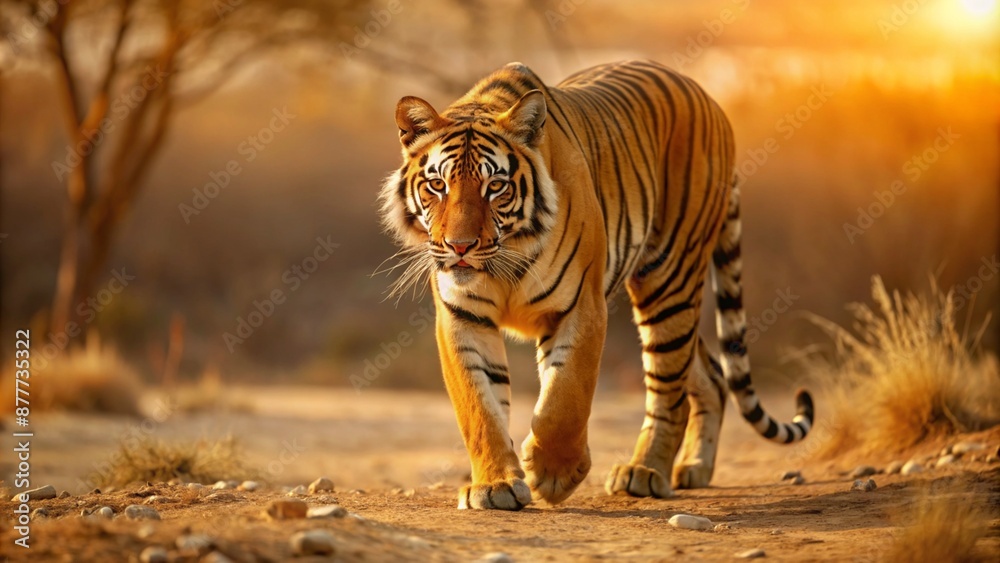 Great tiger male in the nature habitat. Tiger walk during the golden ...