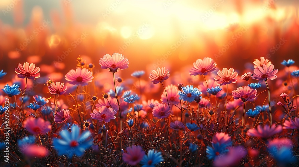 Sunlit meadows in full bloom create a bright and cheerful landscape ...