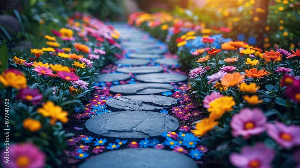 Rainbow garden paths meander through vibrant and lush gardens with a ...